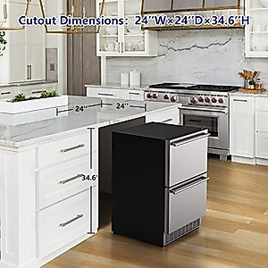 24 Inch Outdoor Drawer Fridge, Under Counter Double Drawer Beverage Refrigerator, 4.9 Cu.Ft. Weather Proof IPX4 Stainless Steel Auto Defrost 34-65℉ Built-in Fridge, ETL & DOE Approved