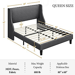 Yaheetech Queen Size Upholstered Bed Frame with 2 USB Charging Stations/Port for Type A & Type C/Linen Fabric Curved Headboard, Mattress Foundation, Strong Wooden Slats Support, Dark Grey