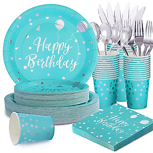 joy akkess 175PCS Teal Birthday Decorations Teal Party Decorations Teal Birthday Plates Serves 25 Guests Birthday Plates and Napkins for Happy Birthday Party Decorations Baby Shower