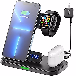 INIU 3 in 1 Wireless Charging Station, 15W Fast Phone Wireless Charger Stand Dock for Apple Watch Charger Stand Series 8 7 6 5 4 3 SE Ultra, iPhone 14 13 12 11 Pro Max Mini, Airpods Pro (with Adapter)