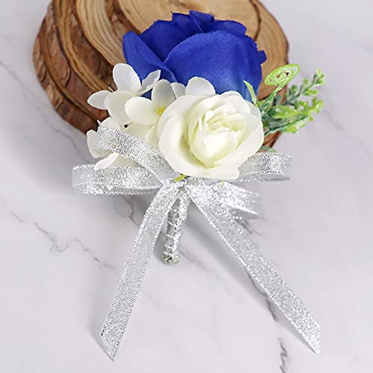 V-BICUIYUAN Corsage and Boutonniere Set-Prom Artificial Peony Rose Flower Wrist Corsage Bracelets, Homecoming Corsage Wristlet, for Wedding Flowers Accessories Prom Suit Decorations (Royal Blue)