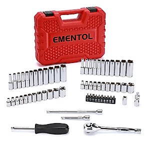 EMENTOL 62PCS 1/4" Drive Master Socket Set with Ratchets, CR-V, SAE/Metric Socket Set, Ratchet Handle, Coupler, Spinner Handle, Impact Extension Bars, Bits Set, Universal Joint