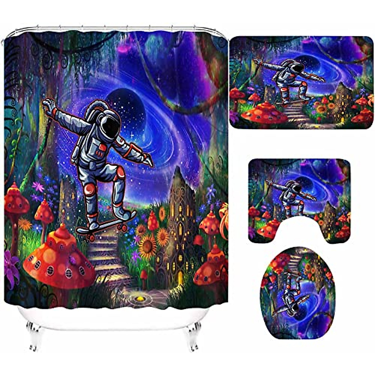 NTETSN Astronaut Fantasy Space Mushroom Fabric 4 PCS Shower Curtain Sets Universe Planet House Castle Green Vine Curtains Sets with Rugs, Toilet Lid Cover, Bath Mat Bathroom Decor SETYYNT7