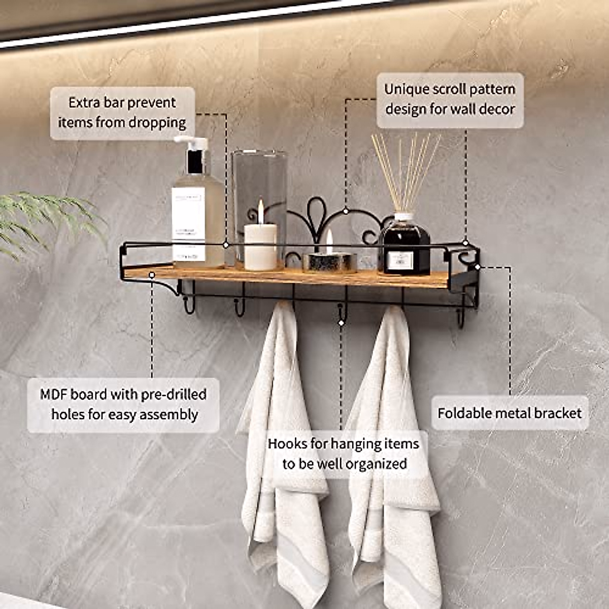 QUTREY Floating Shelves for Wall with Hooks, Metal Scroll Wall Art Decor Shelf for Living Room, Bedroom, Entryway, Bathroom, 2 Packs, Black