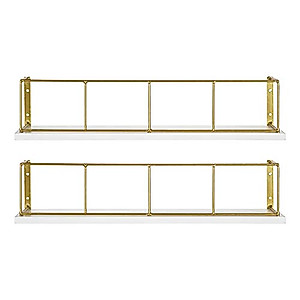 Kate and Laurel Benbrook 18-inch 2-Pack Wood and Metal Floating Wall Shelves, White and Gold