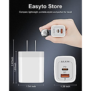 3Pack Dual Port USB-C Wall Plug-in USB Charger, AILKIN 20W Power Delivery + QC3.0 USB A Double Port Fast Charging Block for iPhone 14 13 12 Pro Max 14 Pro 12 Mini 14 11 Pro Max 14 Plus 11 SE X XS Cube