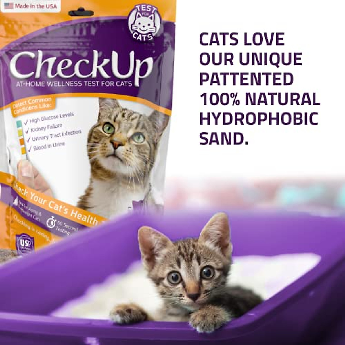 KIT4CAT CheckUp Kit at Home Wellness Test for Cats, Hydrophobic Litter for Urine Collection & Test Strips for Detection of Levels of Glucose, Protein, pH and Blood in Urine