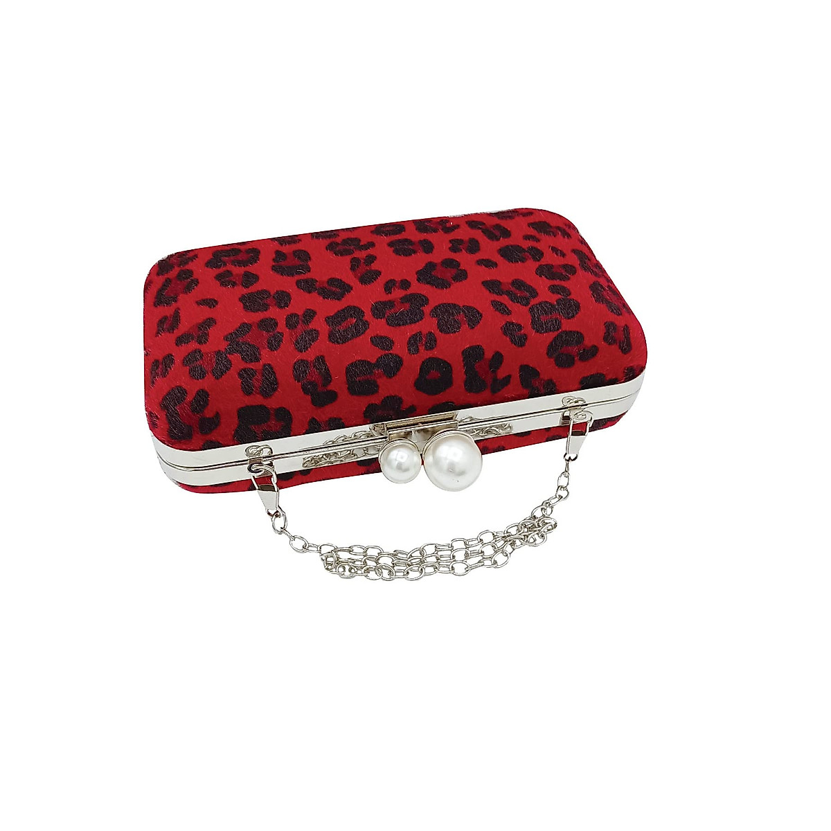 Plush Evening Bag for Women Stylish Leopard Print Handbag Pearl Chain Purse for Party Prom Red