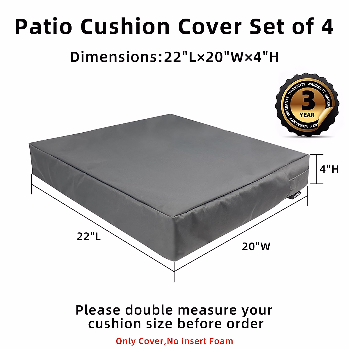 Joramoy Patio Cushion Covers 22×20×4 in - Waterproof Outdoor Seat Cushion Slipcovers Replacement, Outdoor Chair Couch Cushion Covers for Patio Furniture with Zipper, Set of 4, Covers Only,(Gray)