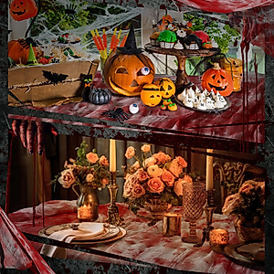 Oudain 7 Pcs Halloween Bloody Gauze Tablecloth and Placemats Set 85" x 60" Horror Spooky Rectangle Table Cover and 6 Pcs Scary Table Mats for Halloween Haunted Zombie House Party Decoration