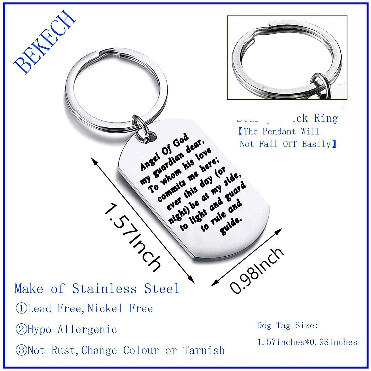 BEKECH Guardian Angel Keychain Angel of God My Guardian Dear Prayer Dog Tag Pendant Keychain Guardian Angel Protect Traveller Gift Religious Baptism Gift (silver)