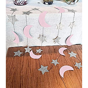 Moon and Star Garland Twinkle Twinkle Little Star of 2pcs Pink Silver Princess Birthday Party Decorations Pink Silver Moon Star Baby Shower Decorations 1st Birthday Garland Love You to the Moon