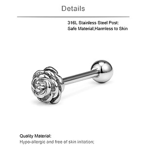 SCERRING 14G Tongue Rings Stainless Steel Rose Skull Heart Cheek Tongue Nipple Ring Body Piercing Jewelry Retainer 16PCS Silver