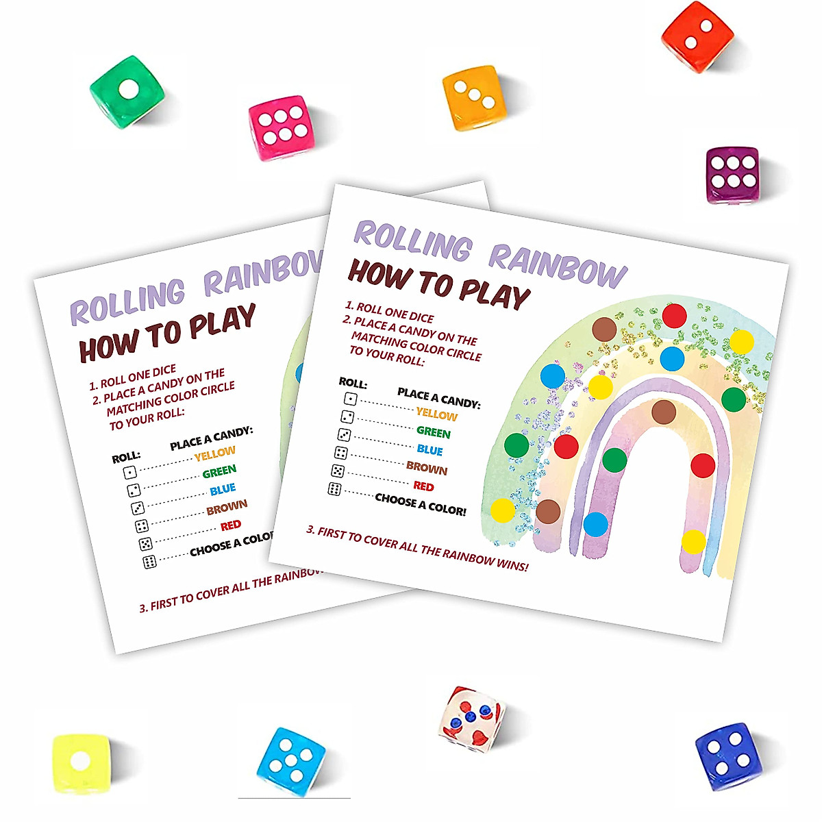 DYIRBIIY 5" x 6" Easter Party Kids Table Game | Rolling A Rainbow Roll The Dice Game|Table Dice Game for Kids | 20 Play Cards 20 Colored Dices -TZYX-A07