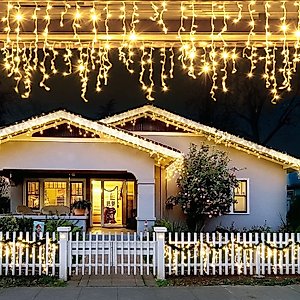 JMEXSUSS 200 LED Icicle Lights, 8 Modes Icicle Lights Indoor, Warm White Icicle Christmas String Lights Outdoor Waterproof for Xmas Roof Wedding Party Holiday Room Home Decorations