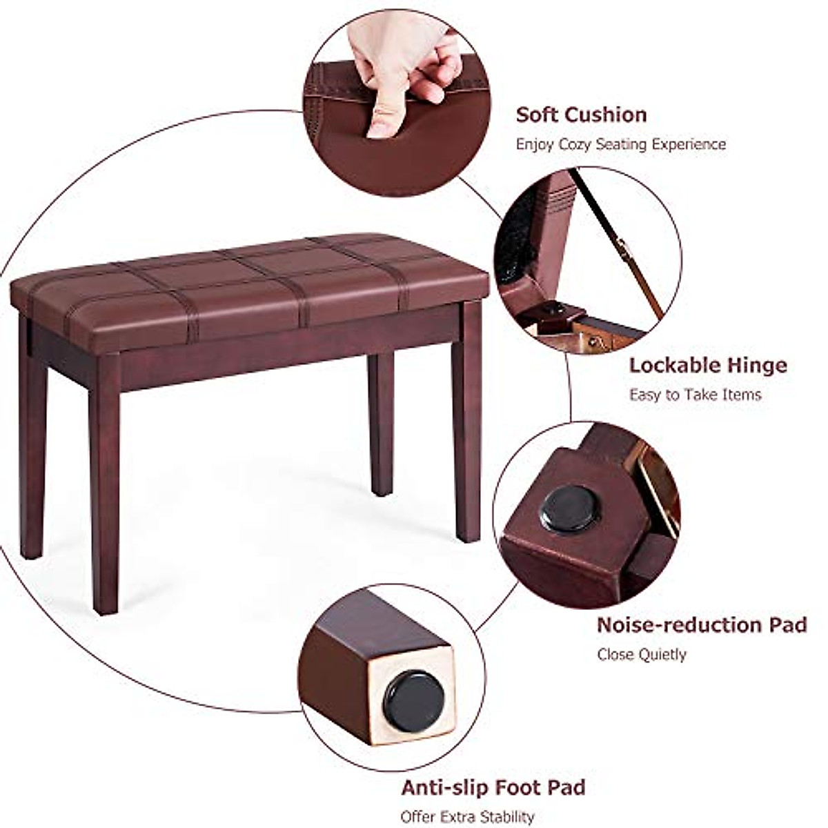 GOFLAME Piano Bench with Padded Cushion and Music Storage, Comfortable Double Duet Seat with PU Leather and Wooden Legs, Perfect for Professional or Home Use (Brown)
