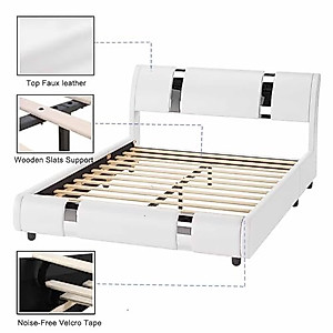 Keyluv Modern Faux Leather Upholstered Platform Bed Frame with Mirror Metal Decoration Headboard, Curved Headboard, Wooden Slats Support, No Box Spring Needed, Queen Size, White