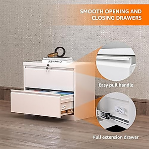METAN Metal Lateral Filing Cabinet with 2 Drawers for Home Office, Locking Steel Wide File Storage Cabinet for Hanging Legal/Letter A4 Size, Assembly Required, White