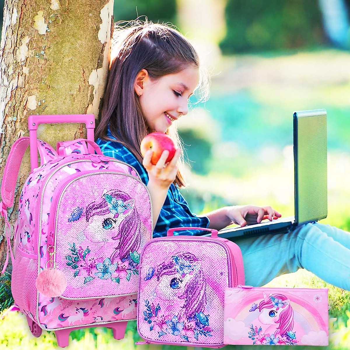 KLFVB Rolling Backpack for Girls, Kids Roller Wheels School Bookbag with Lunch Bag, Wheeled School Bag for Children - Unicorn