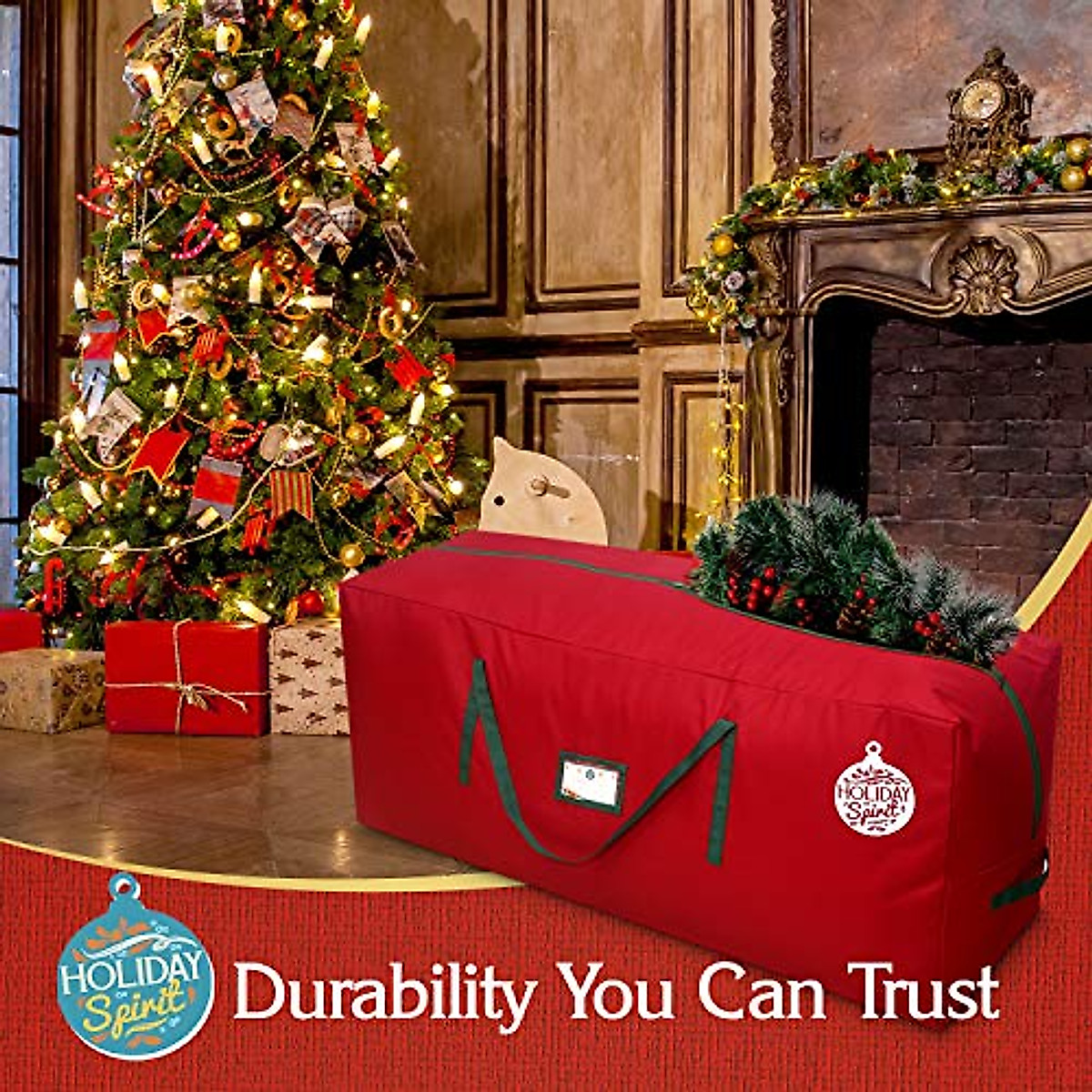 HOLIDAY SPIRIT Christmas Tree Storage Bag, Heavy-Duty 600D Oxford Material with Durable Reinforced Handles & Zipper, Waterproof Dust Protection (Red, Fits a 9FT Tree)