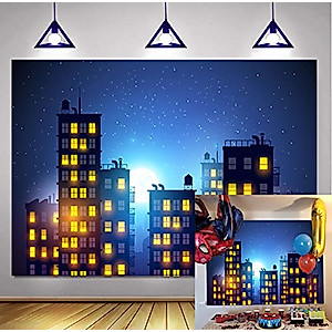 Super Hero City Photography Backdrop Beautiful Moon Supermen Theme Background Boy Birthday Party Banner Photo Studio Props Vinyl 7X5FT