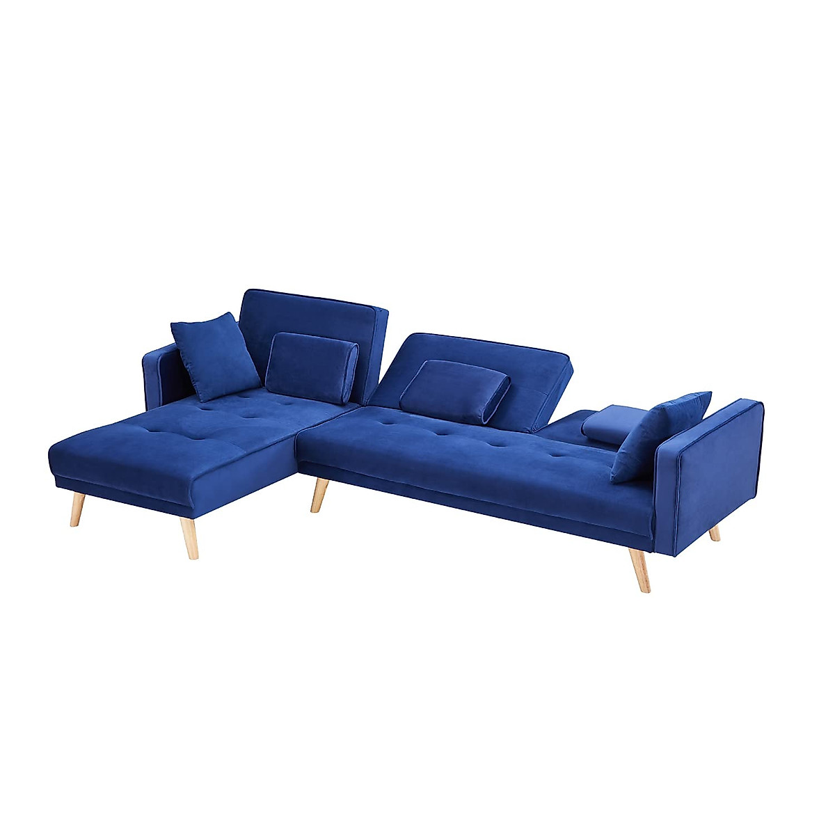 Eafurn L-Shaped Convertible Sectional Chaise Lounge and Adjustable Spilt Backrest,3 Seater Soft Velvet Sleeper Bed with Wooden Legs,Tufted Corner Sofa & Couch with Throw Pillows, Blue Left Hand Facing