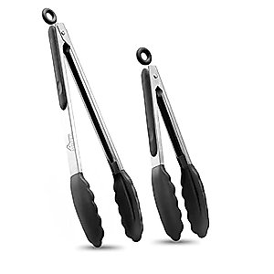 HOTEC Premium Stainless Steel Locking Kitchen Tongs with Silicon Tips, Set of 2-9" and 12"