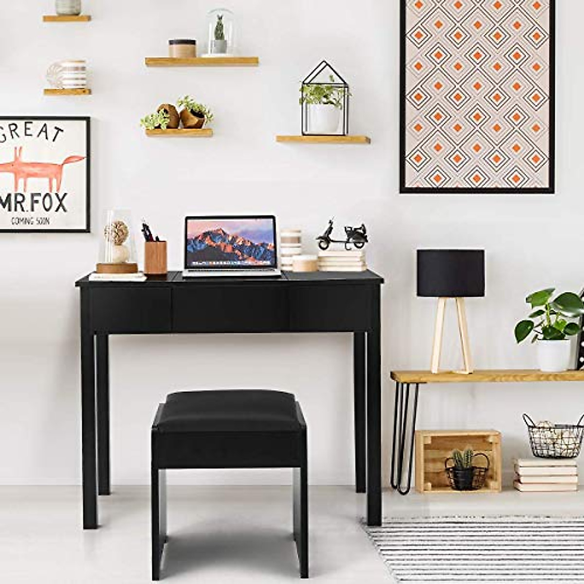 Vanity Table with Flip Top Mirror, Solid Wood Makeup Dressing Table , Writing Desk with Cushioned Stool Set, 2 Drawers for Different Sized Makeup Accessories, Bedroom Bathroom Organizers (Black)