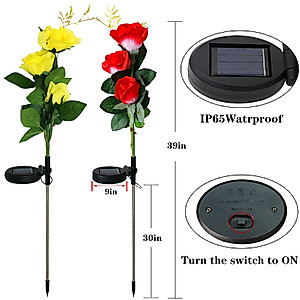 IRmm Outdoor Solar Garden Flower Lights, 2 Pack LED Solar Powered Flowers Lights with 6 Roses, Waterproof Solar Garden Stake Lights for Garden, Patio, Yard, Pathway Decoration (Red+Yellow)