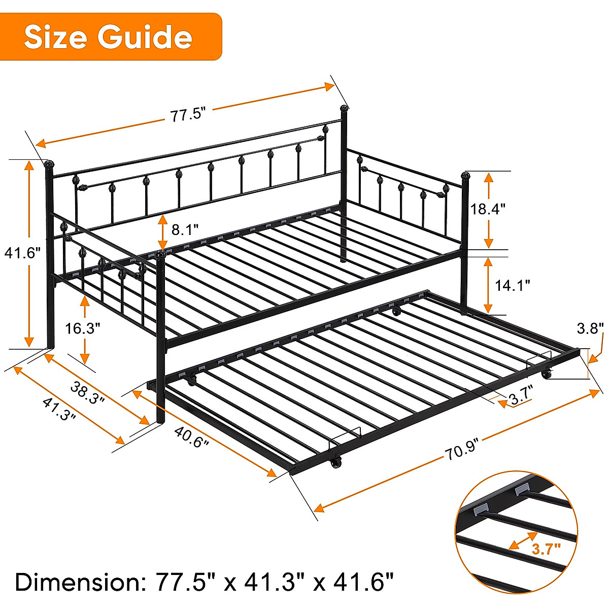 Haplized Twin Size Metal Daybed with Pull Out Trundle, Modern 2 in 1 Sofa Bed Frame for Kids Teens Adults,Single Daybed Sofa Bed Frame for Bedroom Living Room Guest Room,No Box Spring Needed