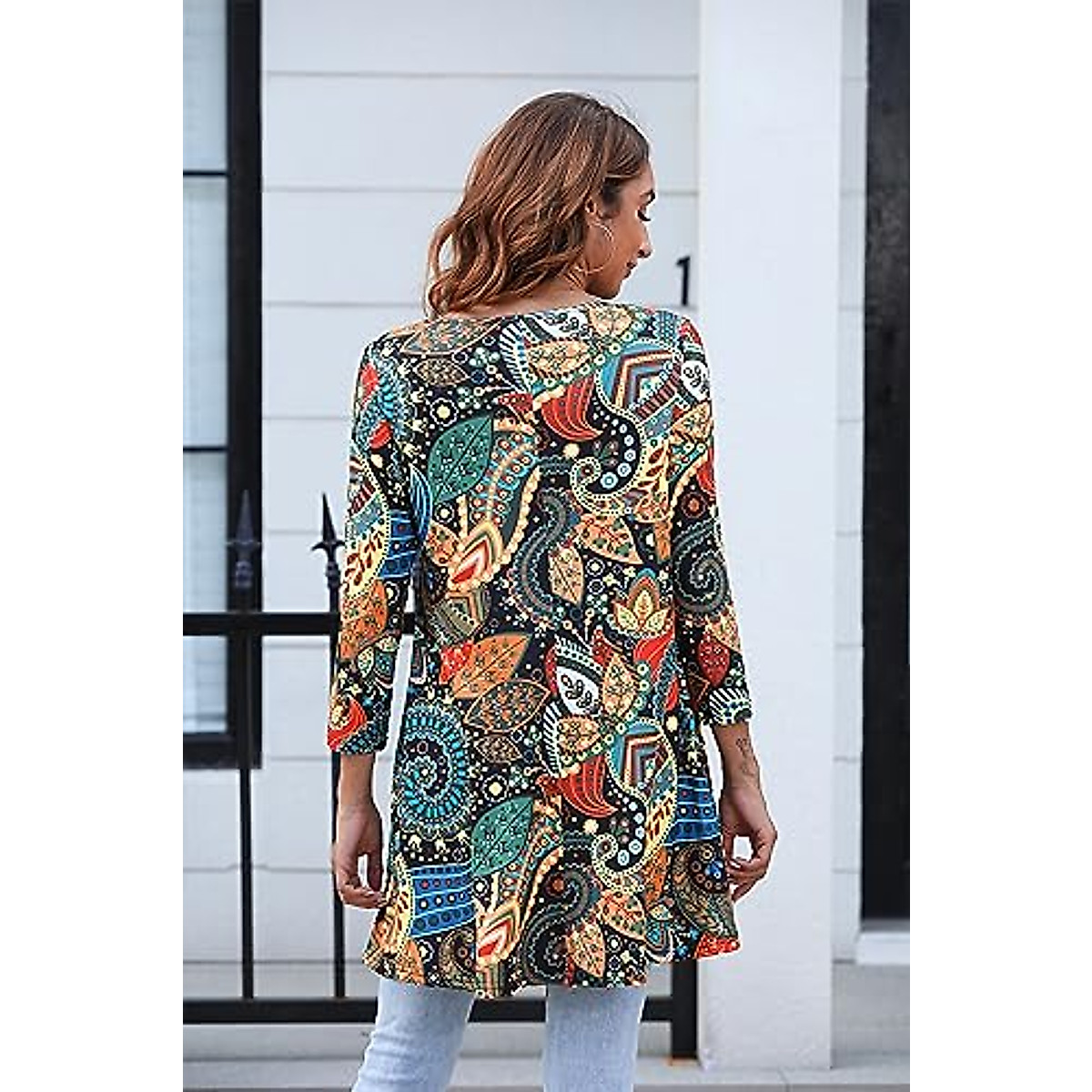 ENMAIN Womens Tunic Tops 3/4 Sleeve Dressy Casual Plus Size Tunic Tops to Wear with Leggings Loose Fit Swing Fall Orange T-Shirt Ladies Blouses