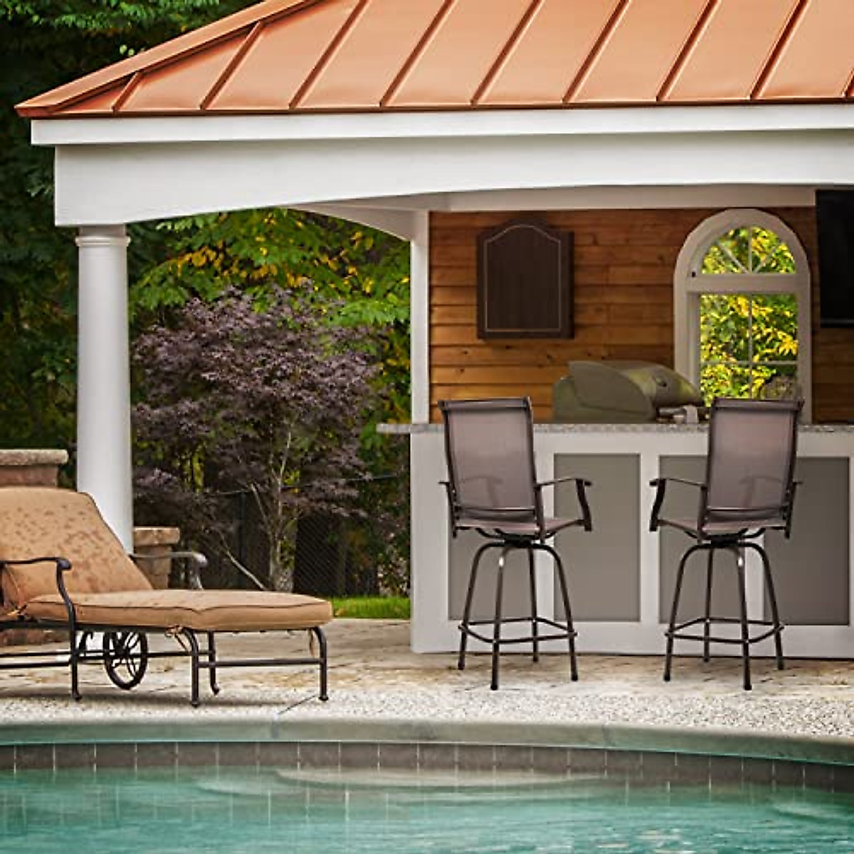 MoNiBloom Outdoor Swivel Patio Chair Set of 2, Breathable Fabric High Top Outdoor Chairs 360 Degree Swivel Patio Bar Stools with Metal Frame and High Back Design for Backyard Lawn Balcony, Brown