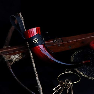 Mythrojan THE RED WITCH Viking Drinking Horn with Black Leather holder Authentic Medieval Inspired Viking Wine/Mead Mug – Polished Finish