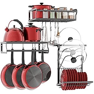 KOSTBAR Hanging Pot Rack, Wall Mounted Pan Rack, Cookware Organizer with 10 Hooks, Small Kitchen Storage Shelf for Utensils. Dish Rack With Lid Holder, Modular Design Shelves
