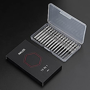 NAUIX 15 Piece Hex Head Allen Wrench Drill Bit Set, 1/4 Inch Hex Shank SAE S2 Steel Hex Bit Set, Magnetic Tips 50mm Long