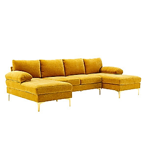 Pvillez Modern Sectional Sofa with Double Chaise Large Convertible Couches Chenille U-Shape Couch with Rolled Arms and Golden Legs Oversize Yellow Sofa for Living Room Comfortable Modular Sofa