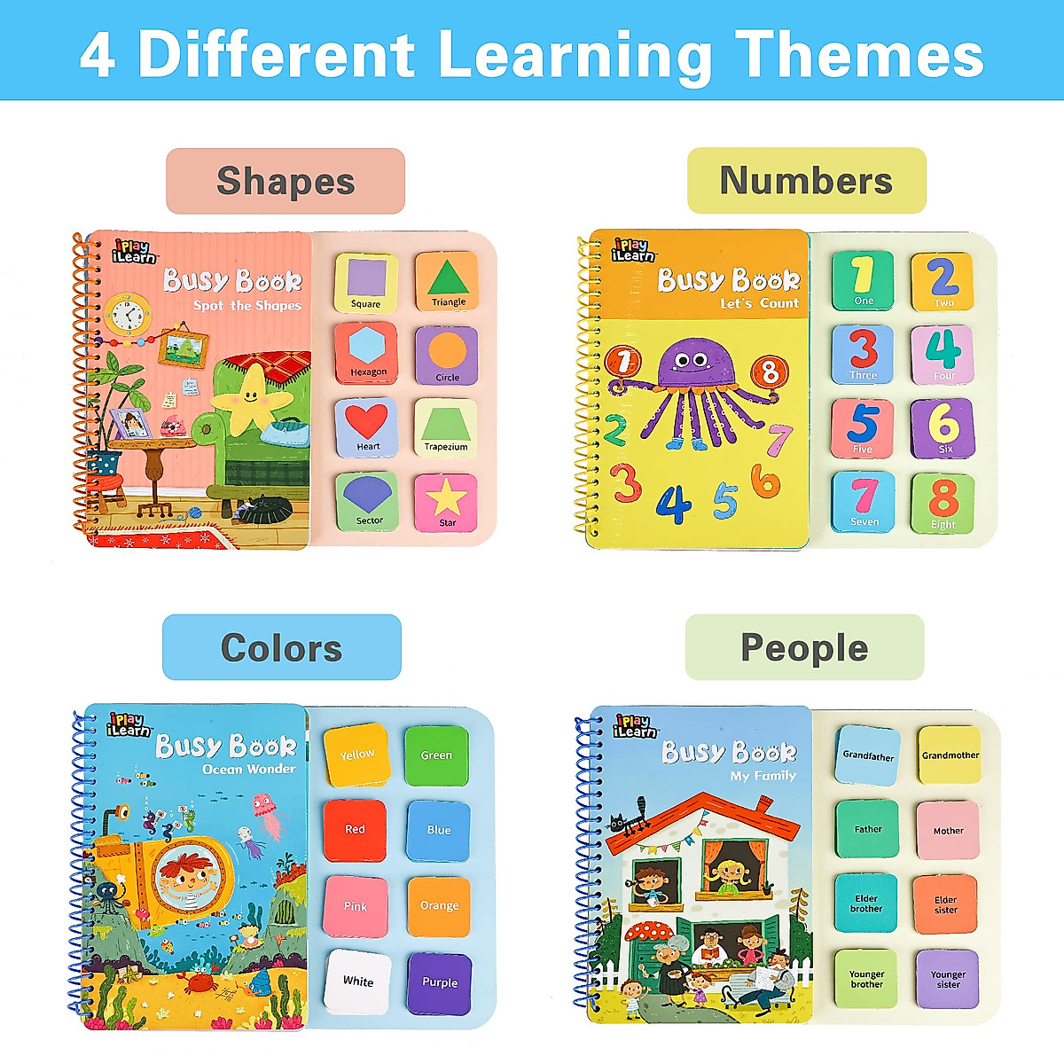 iPlay, iLearn 4pcs Kids Busy Learning Books, Preschool Learning Activity Busybooks, Autism Sensory Educational Toys, Toddler Quiet Montessorri Toy, Birthday Gifts for Age 3 4 5 6 Boy Girl Kindergarten