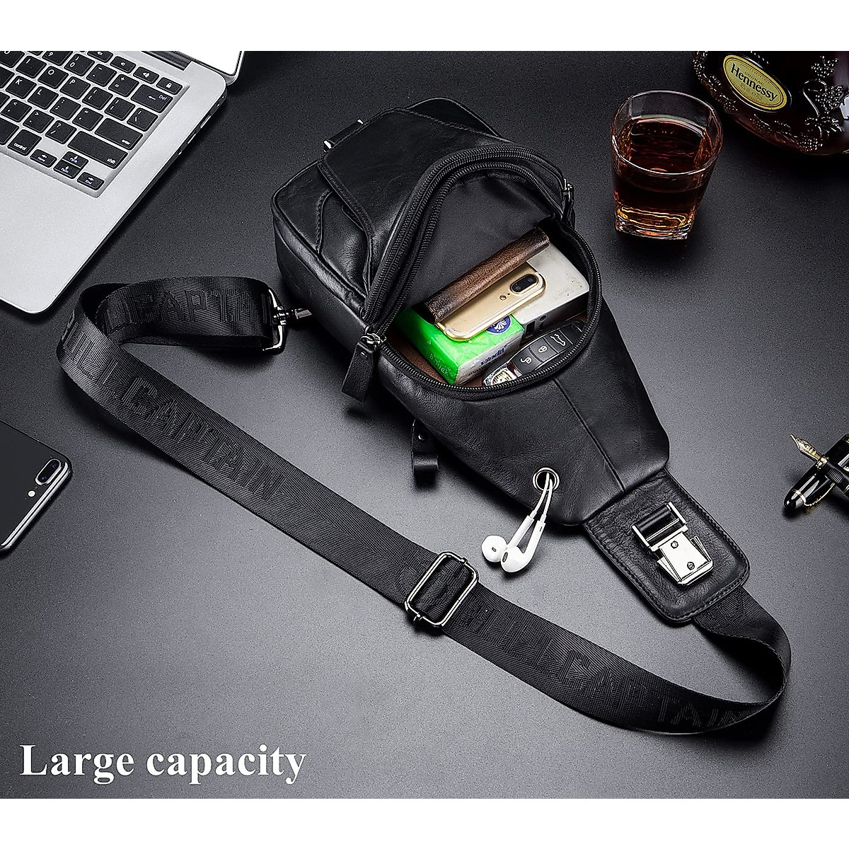 BULLCAPTAIN Genuine Leather Men's Sling Shoulder Backpack Multi-pocket Crossbody Chest Bags Travel Hiking Daypack with Earphone Hole (Black)