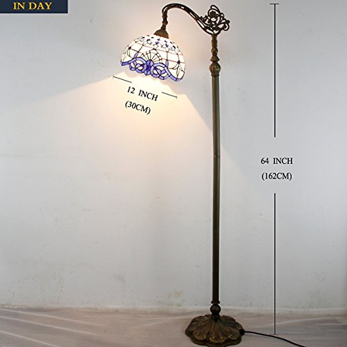 WERFACTORY Tiffany Floor Lamp Navy Blue White Stained Glass Arched Lamp 12X18X64 Inches Gooseneck Adjustable Corner Standing Reading Light Decor Bedroom Living Room S003B Series