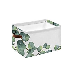 Storage Bins Fabric Storage Cubes 15x11x9.5 Inch Natural Green Leaves Eucalyptus Leaf Foldable Storage Basket for Organizing Closet Shelf Nursery Toy 1 PCS