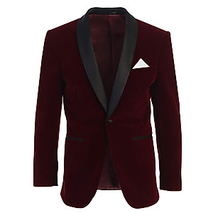 Men's Premium Slim Fit Shawl Lapel Velvet Jacket-Many Colors (42 Long, Burgundy with Black)