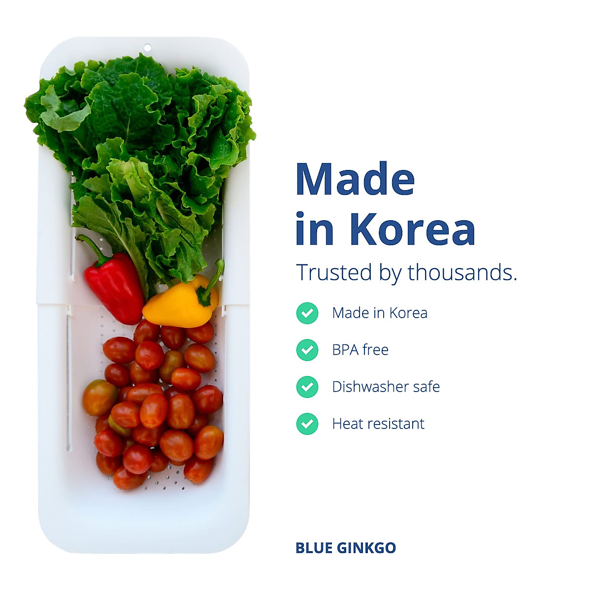 BLUE GINKGO Over the Sink Colander Strainer Basket - Wash Vegetables and Fruits, Drain Cooked Pasta and Dry Dishes - Extendable - New Home Kitchen Essentials (7.9 W x 14.5-19.5 L x 2.75 H) - White