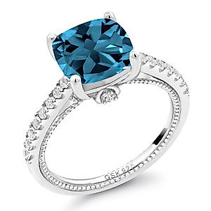 Gem Stone King 925 Sterling Silver London Blue Topaz and White Created Sapphire Ring For Women (5.47 Cttw, Cushion 10MM, Available In Size 5, 6, 7, 8, 9)