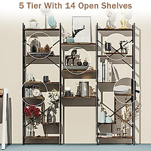 BALLMENT Large Bookshelf,Triple Wide 5 Tier Book Shelf,Industrial Metal Bookacse with 15 Open Display Shelves,Modern Rustic Brown Bookshelve for Office, Living Room,Kitchen,Library - Rustic Brown