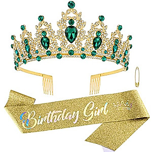 SuPoo Birthday Crowns Birthday Sash and Crown Kit Green Birthday Tiara Rhinestones Crown with Comb Glitter Birthday Girls Sash Crystal Headband Happy Birthday Decorations Gifts for Women
