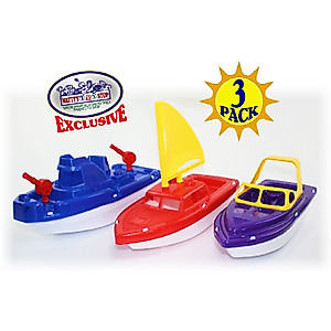 Matty's Toy Stop Plastic Boats Set Sailboat (Red), Speedboat (Purple) & Fireboat (Blue) Gift Set Bundle, Perfect Bath, Pool, Beach Etc. - 3 Pack
