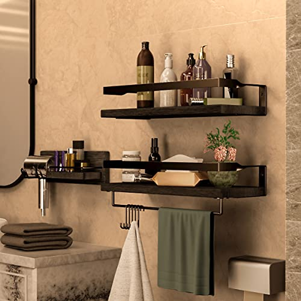 LYNNC 3 in 1 Rustic Floating Shelves, Decorative Storage Shelves with Towel Bar, Wall Mounted Shelves Holder for Bathroom, Kitchen & Bedroom - Set of 3 Shelves