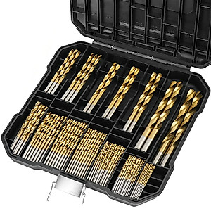 99 Pcs Titanium Coated Drill Bit Set 135 Degree High Speed Drill Bits Set HSS Titanium Coated Twist Drill Bit, Size from 1/16" to 3/8"