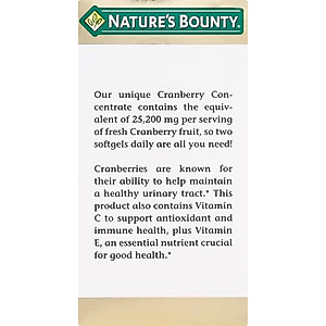 Nature's Bounty Cranberry Dietary Supplement, Supports Urinary Tract and Immune Health, Softgels, 25,200 Mg, 60 Ct