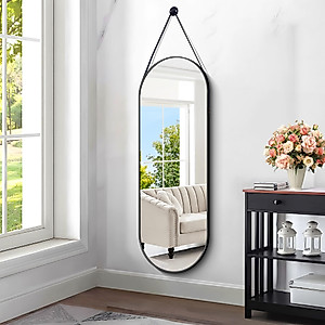 KOCUUY Oval Full Length Mirror with Hanging Leather Strap, 16"x48" Black Metal Frame Hanging Mirror, Full Body Dressing Mirror Wall Door Mirror for Bathroom Vanity Living Room Bedroom Entryway